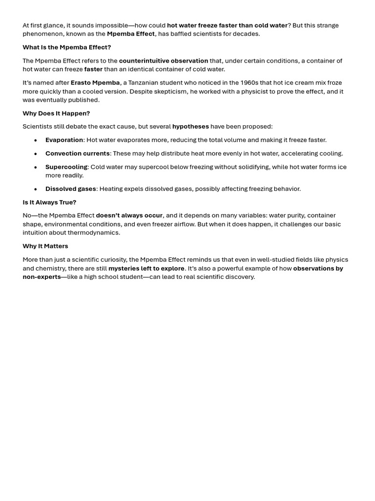 The Mpemba Effect When Hot Water Freezes Faster Than Cold | PDF