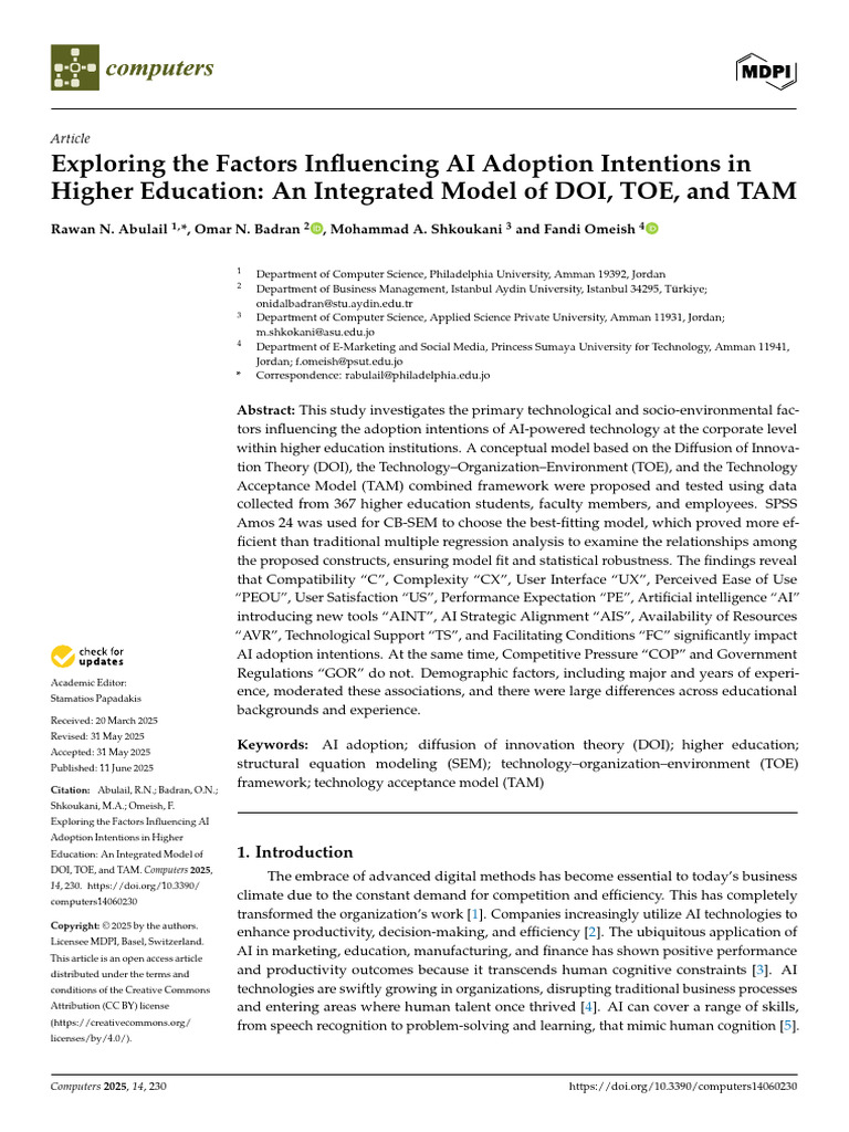 Exploring The Factors Influencing AI Adoption Intentions in Higher Education, An Integrated ...
