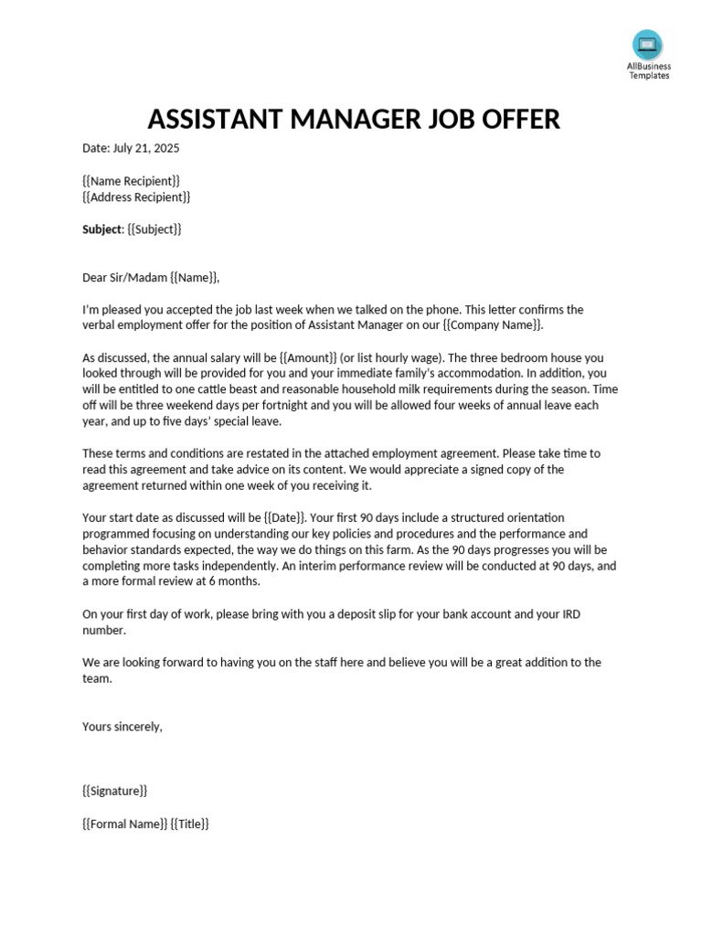 Assistant Manager Job Offer Letter | PDF