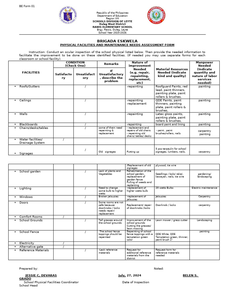 BE Form 1 - PHYSICAL FACILITIES AND MAINTENANCE NEEDS ASSESSMENT FORM | PDF | Mower