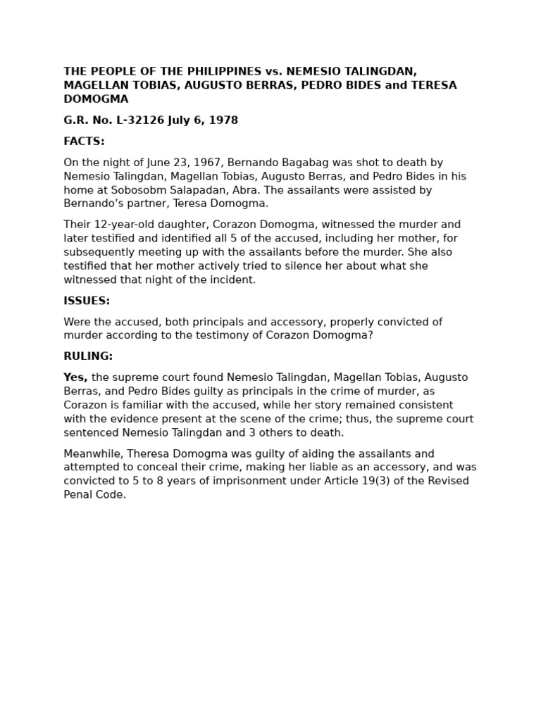 THE PEOPLE OF THE PHILIPPINES vs. NEMESIO TALINGDAN, MAGELLAN TOBIAS, AUGUSTO BERRAS, PEDRO ...