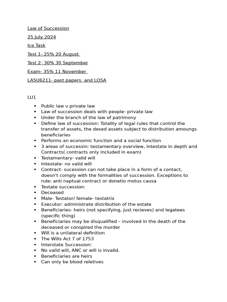 Law of Succession Overview and Notes | PDF | Will And Testament ...