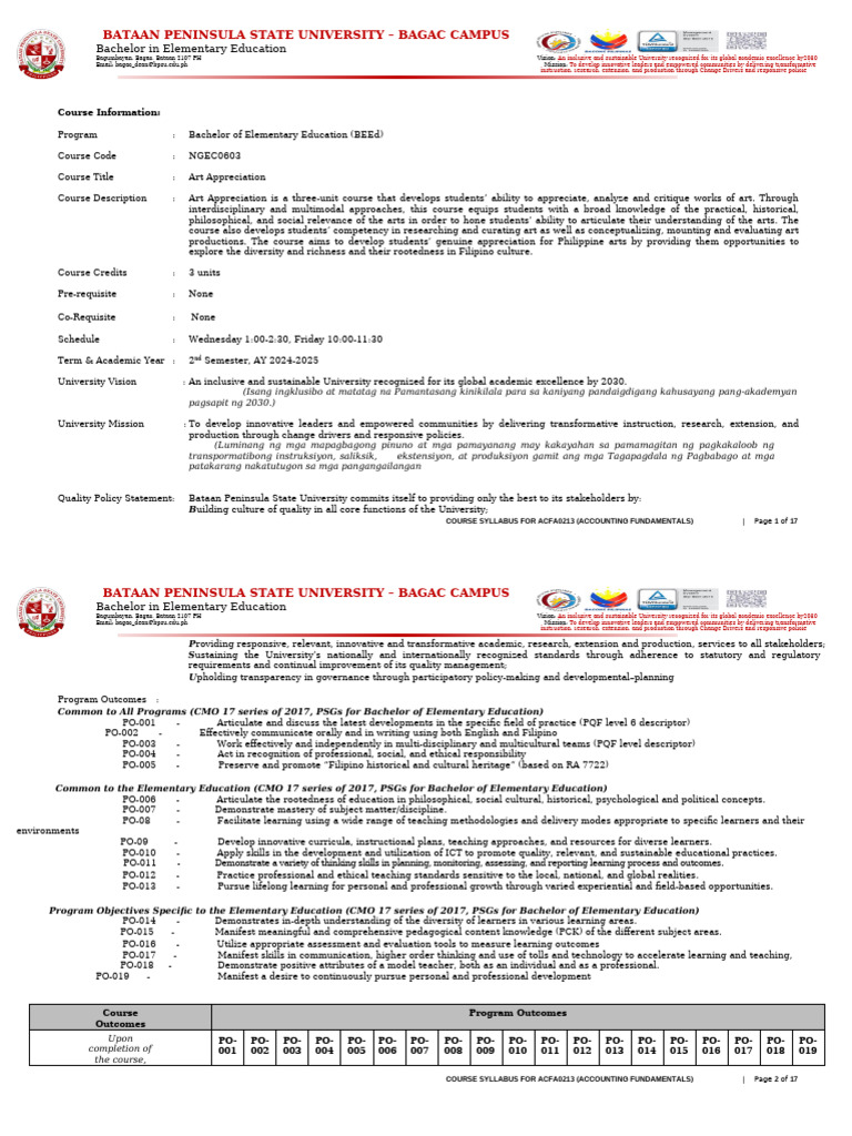 Syllabus ArtAppre (BEED) AY 2024 2025 Mondejar | PDF | Learning | Pedagogy