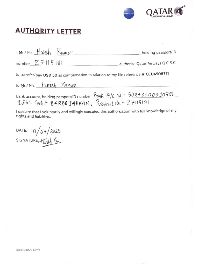 Authority Letter Harsh Z7115181 | PDF
