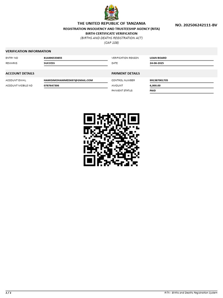 RITA Birth Certificate Verification Success | PDF