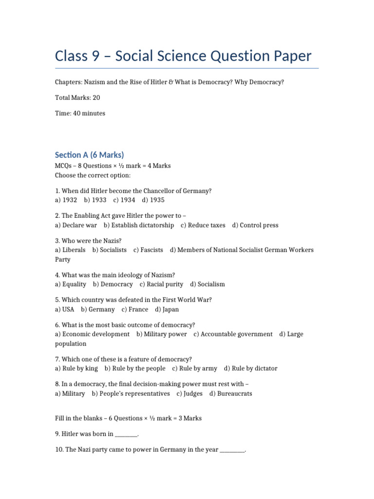 Class 9 SST 20 Marks Paper | PDF