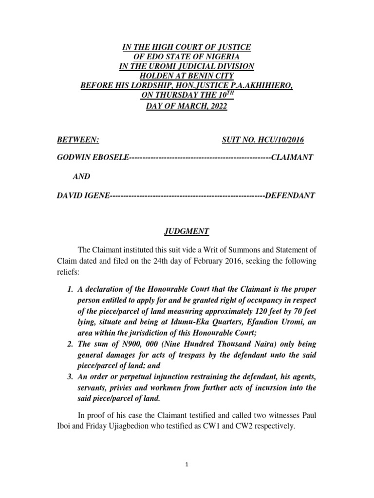 Land Dispute Judgment in Uromi Court | PDF | Burden Of Proof (Law ...