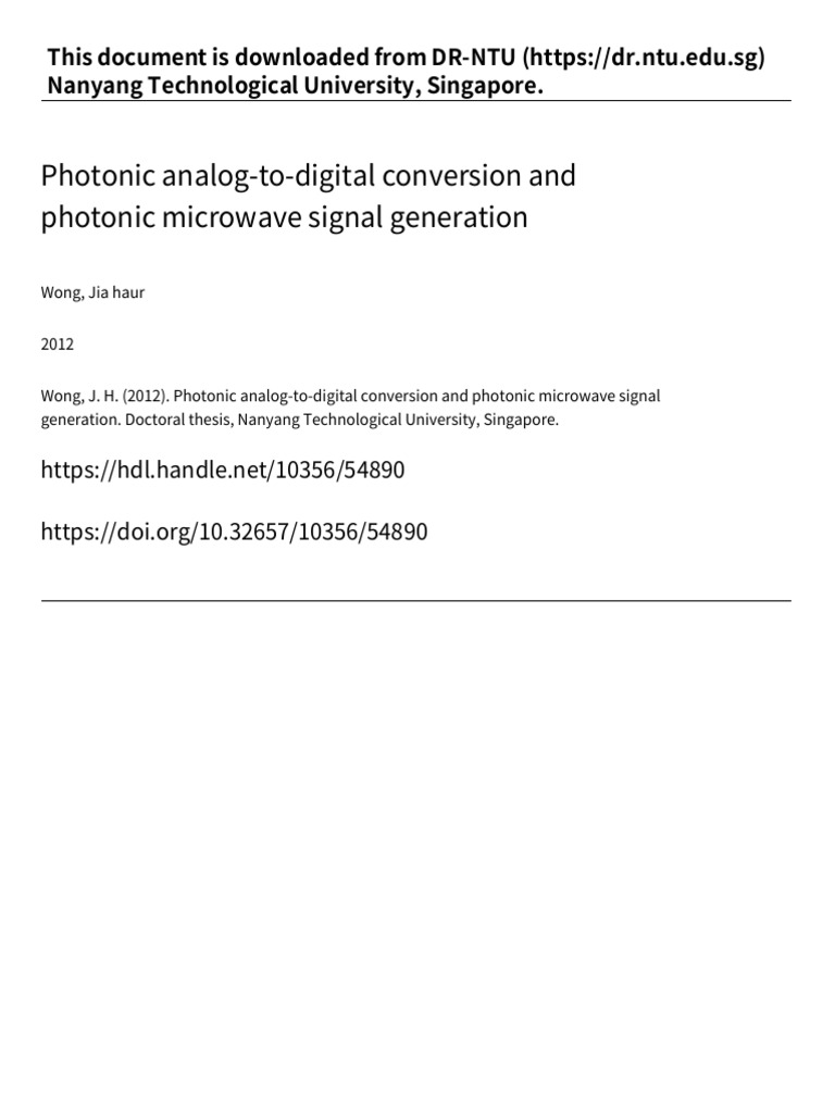 Photonic Analog To Digital Conversion and Photonic Microwave Signal Generation WongJiaHaur ...