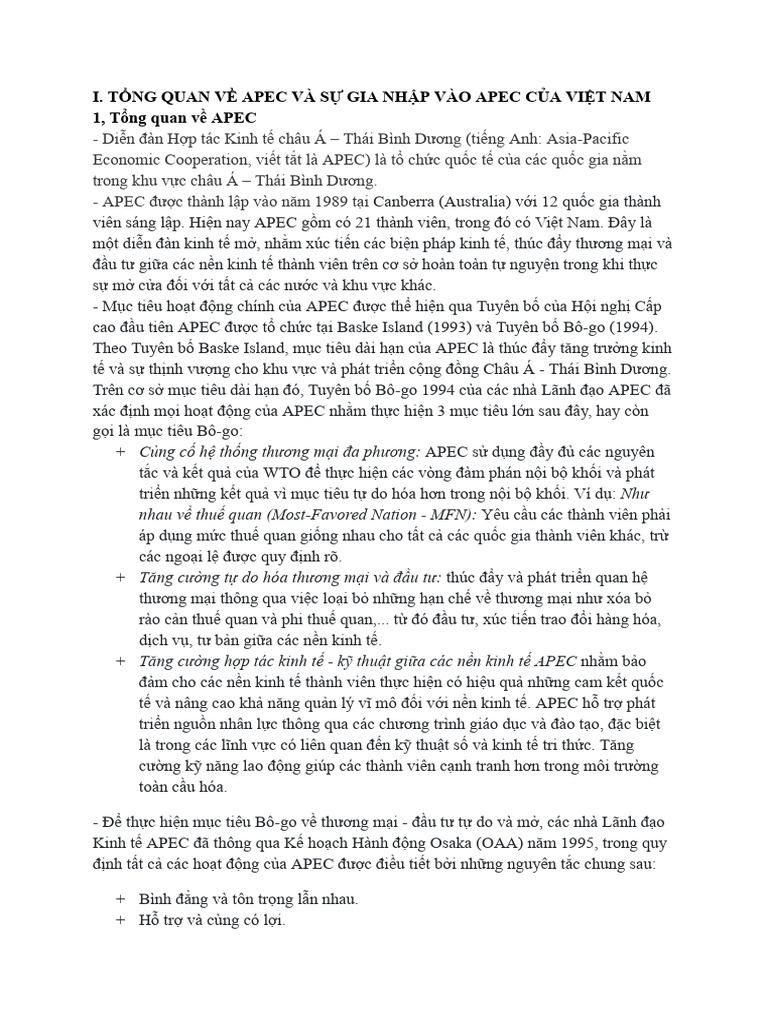I. Tổng Quan Về Apec Và Sự Gia Nhập Vào Apec Của Việt Nam 1, Tổng quan về APEC | PDF