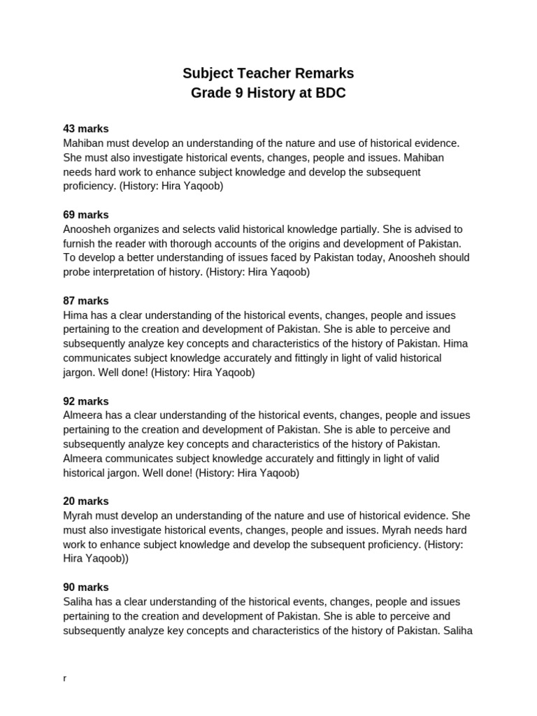 Subect Teacher Remarks History | PDF | Knowledge | Behavior Modification