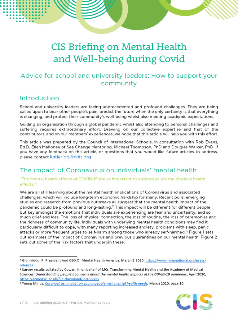 CIS Briefing 202003 Mental Health and Wellbeing During Covid | PDF | Mental Health ...
