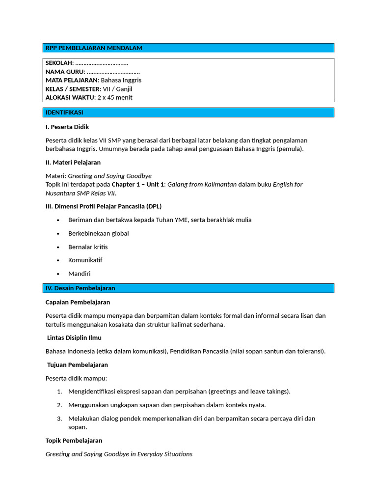 Modul Ajar Ukin SMP 7 B.inggris Greeting | PDF