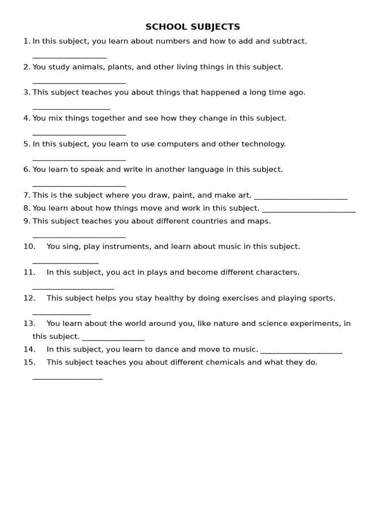 School Subjects (Movers Reading and Writing Part 1) | PDF