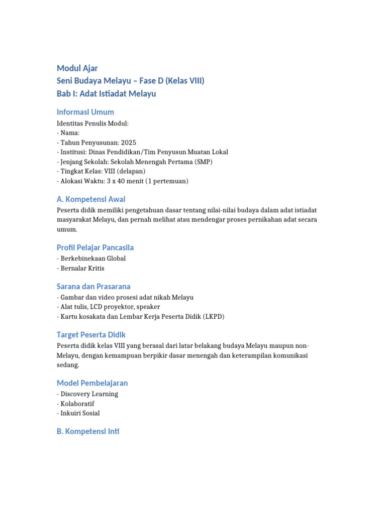 SEM 1modul Ajar Seni Budaya Melayu Kelas 8 Adat Nikah | PDF