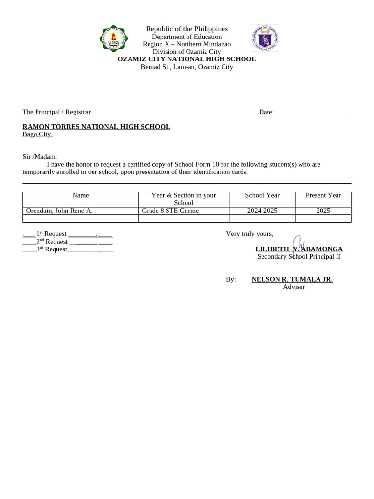 Request for School Form 10 Copies | PDF | Governance | Philippines