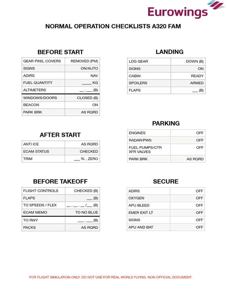 A320 Normal Operation Checklist | PDF