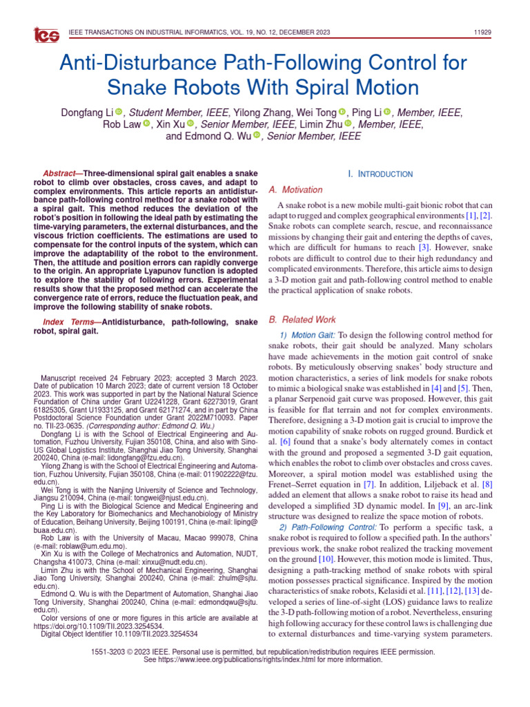 Anti-Disturbance Path-Following Control For Snake Robots With Spiral Motion | PDF | Rotation ...