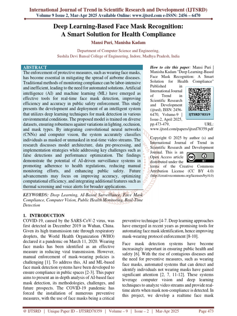 Deep Learning Based Face Mask Recognition A Smart Solution For Health Compliance | PDF | Deep ...