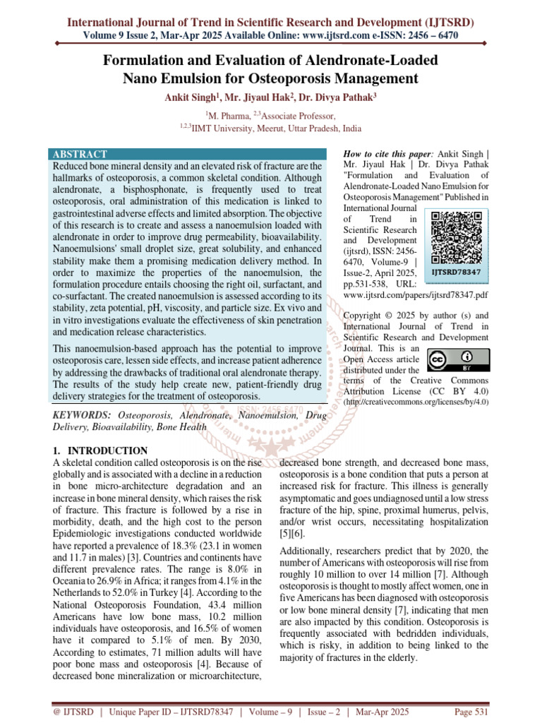 Formulation and Evaluation of Alendronate Loaded Nano Emulsion For ...