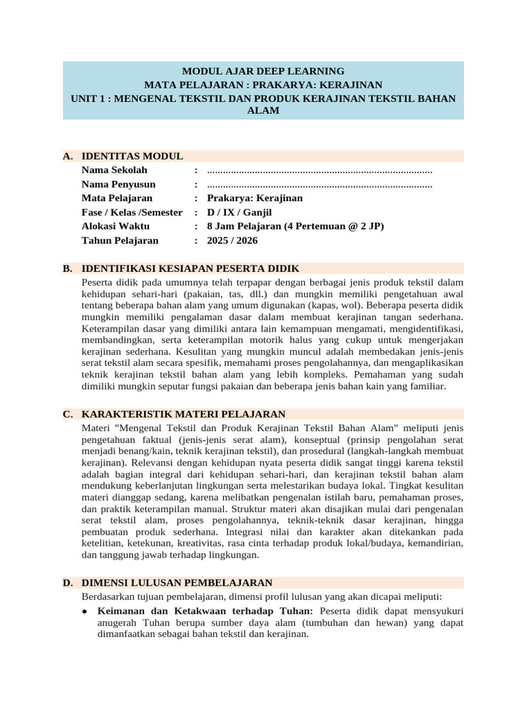 Modul Ajar Deep Learning Prakarya Kerajinan Kelas 9 Terbaru 2025 | PDF