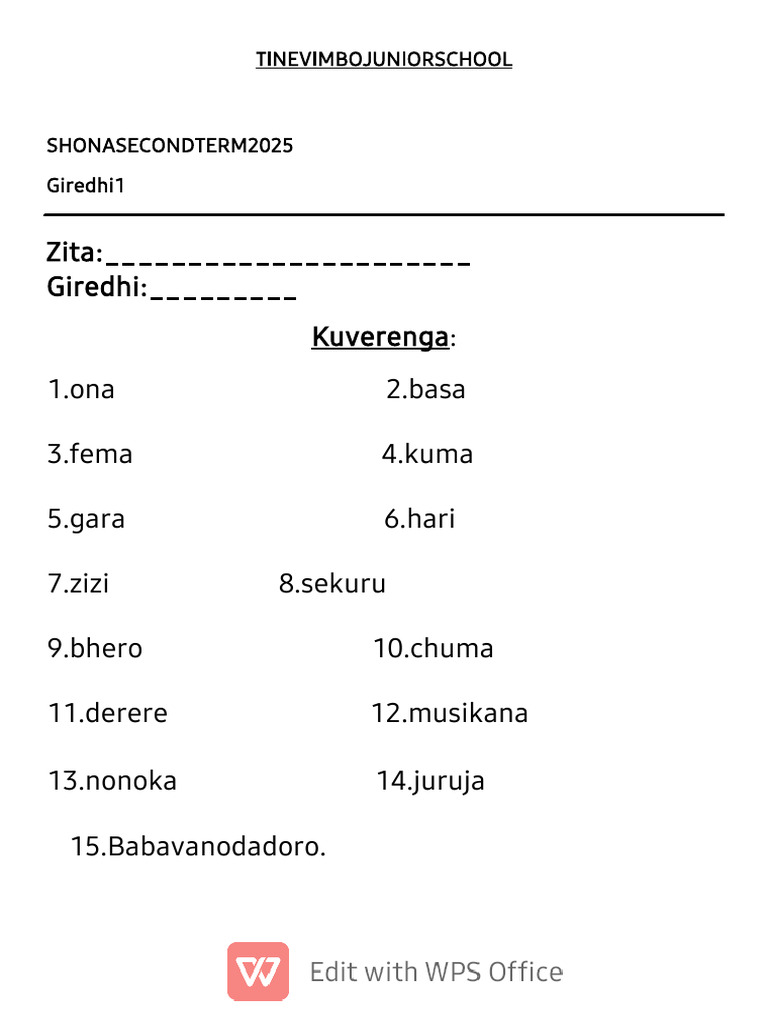 TINEVIMBO Shona - Grade - 1 - 2nd - Term - 2025 | PDF