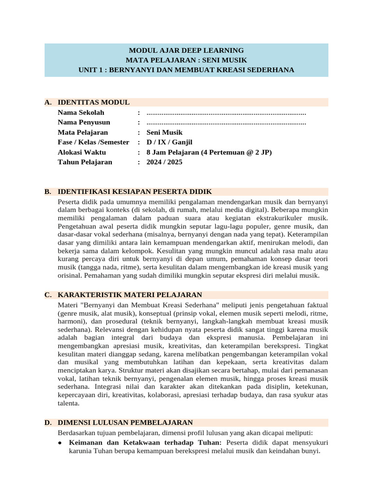 Modul Ajar Deep Learning Senbud Seni Musik Kelas 9 Terbaru 2025 | PDF