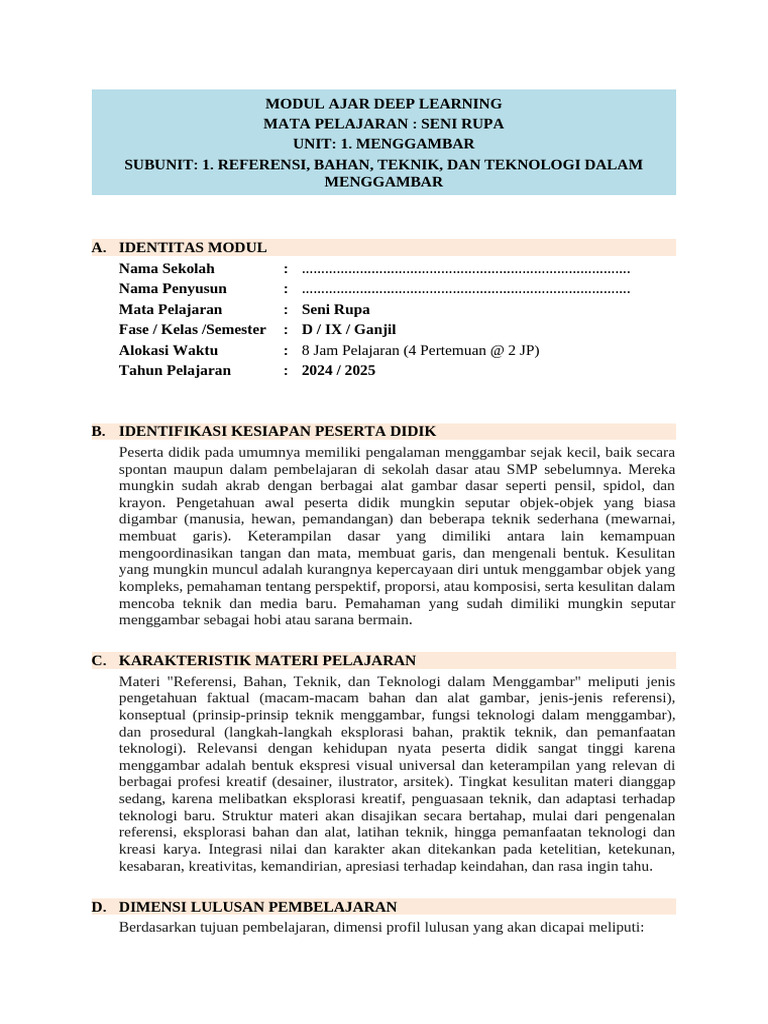 Modul Ajar Deep Learning Senbud Seni Rupa Kelas 9 Terbaru 2025 | PDF