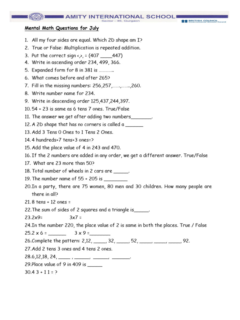 Mental Math Questions for Kids | PDF