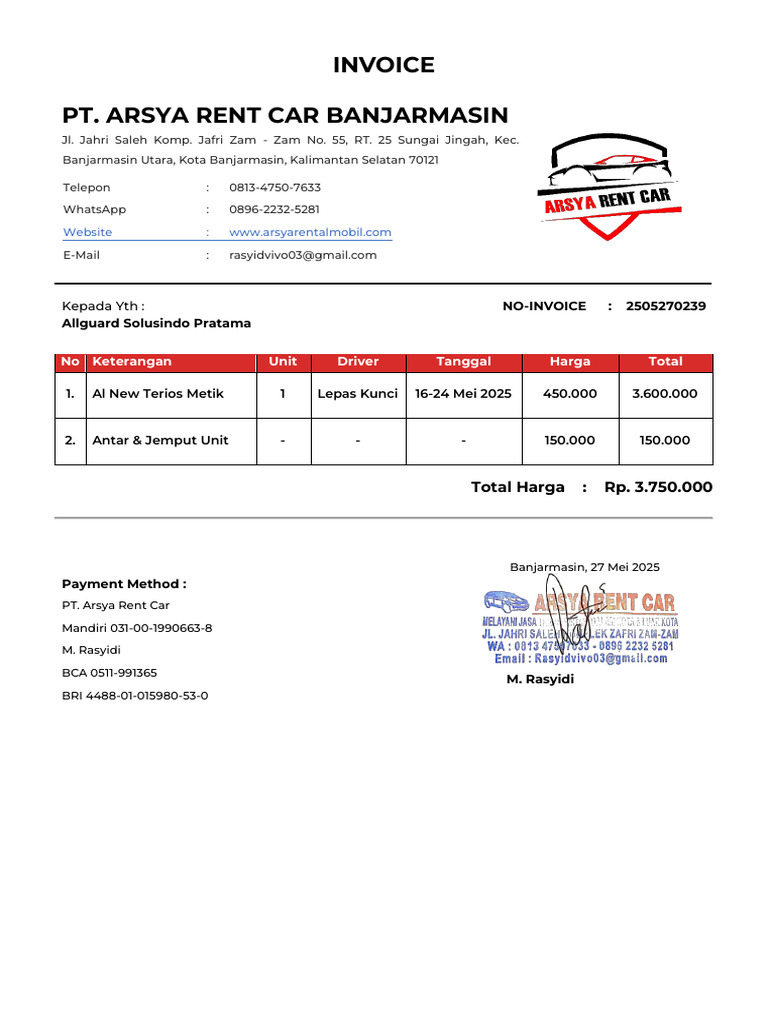 Contoh Invoice Penyewaan Mobil | PDF