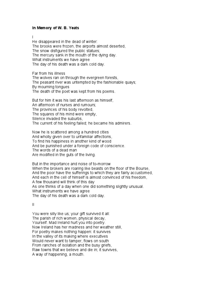 In Memory of W. B. Yeats | PDF | Nature