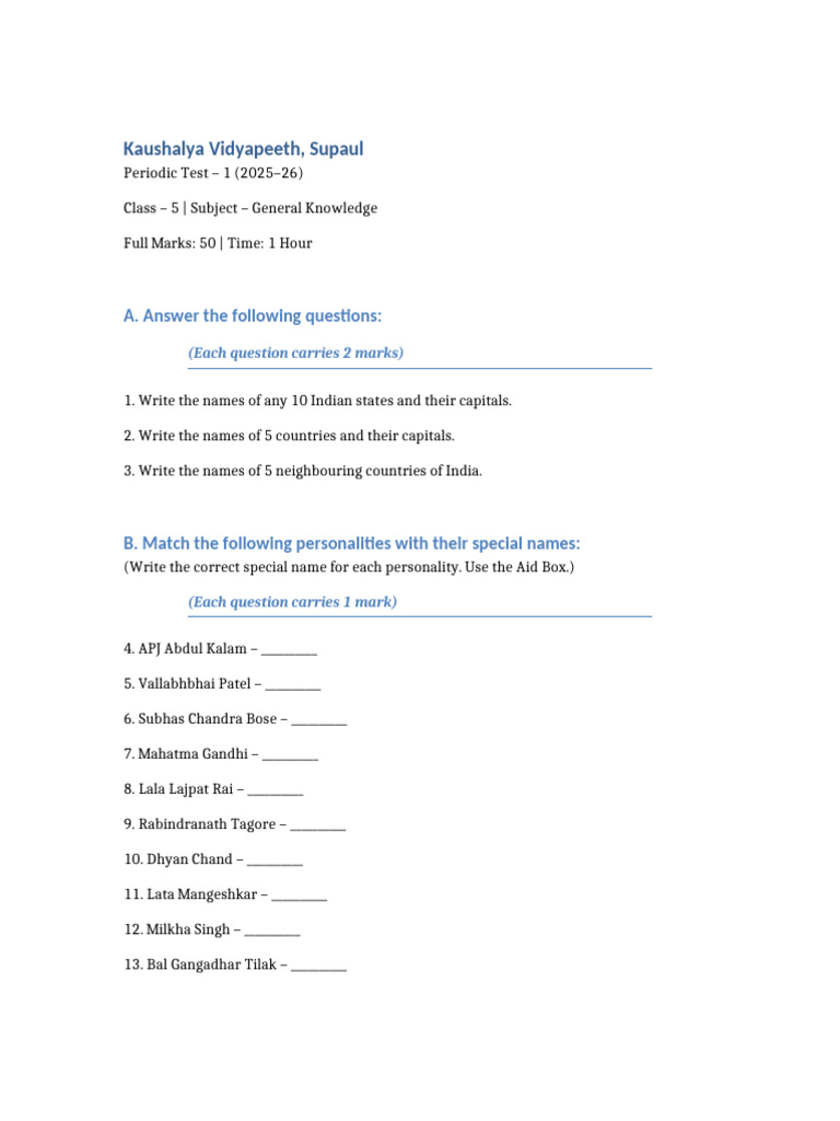 Class 5 GK Periodic Test 2025-26 | PDF