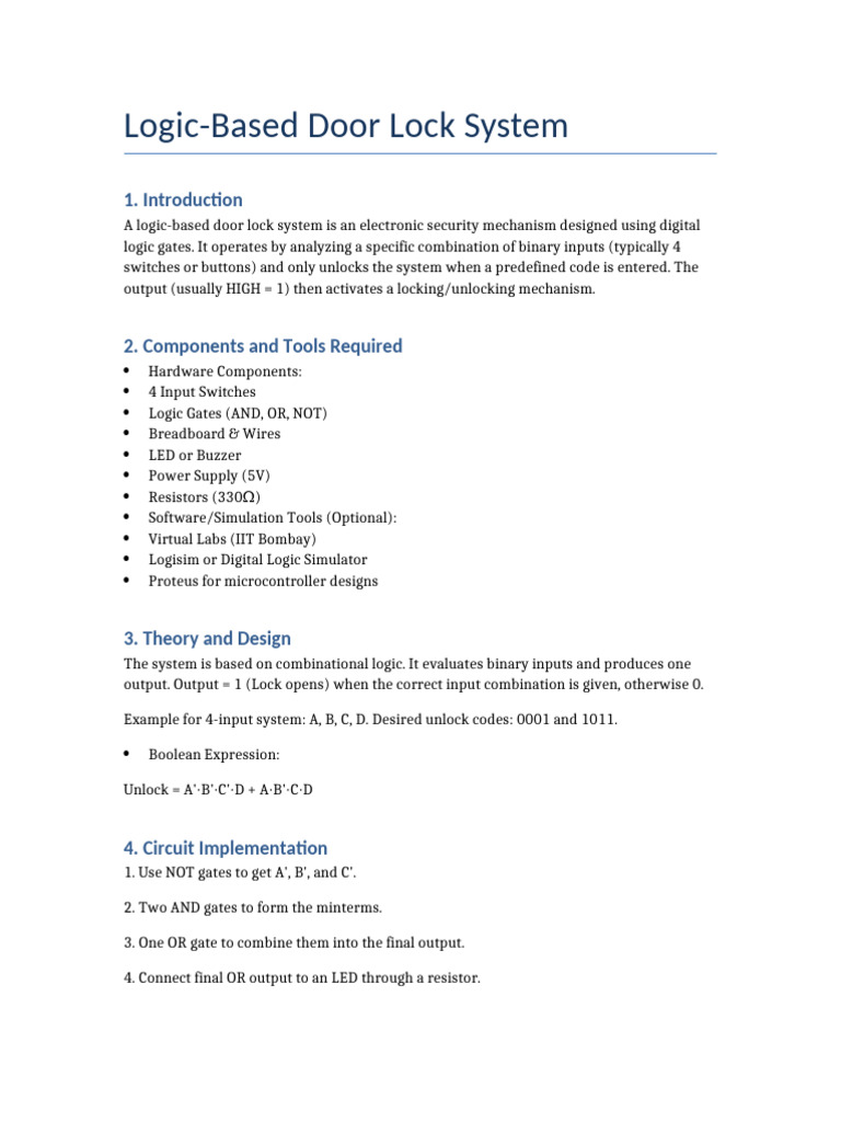 Logic Based Door Lock System | PDF