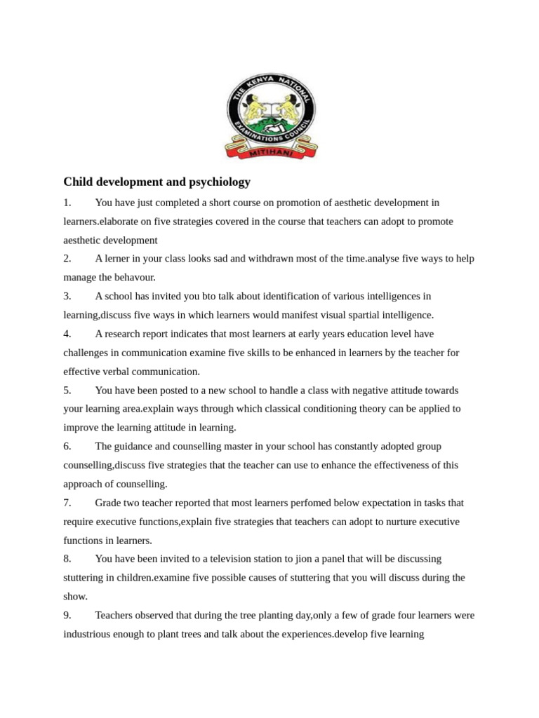 Child Development and Psychology Sba Questions | PDF | Learning | Child ...
