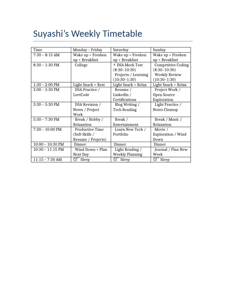 Suyashi's Weekly Study and Relaxation Schedule | PDF