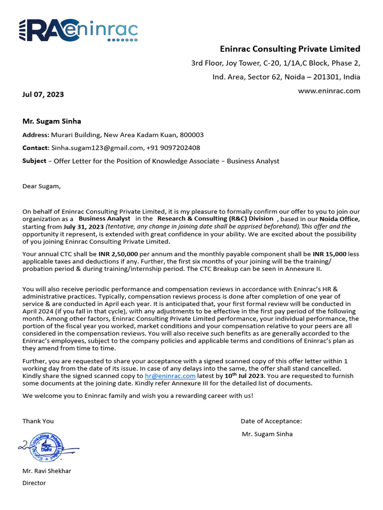 Offer Letter for Knowledge Associate Position | PDF | Business | Economies