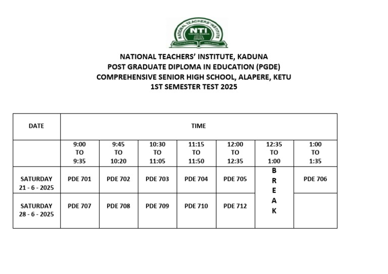 First Semester Test Time Table | PDF