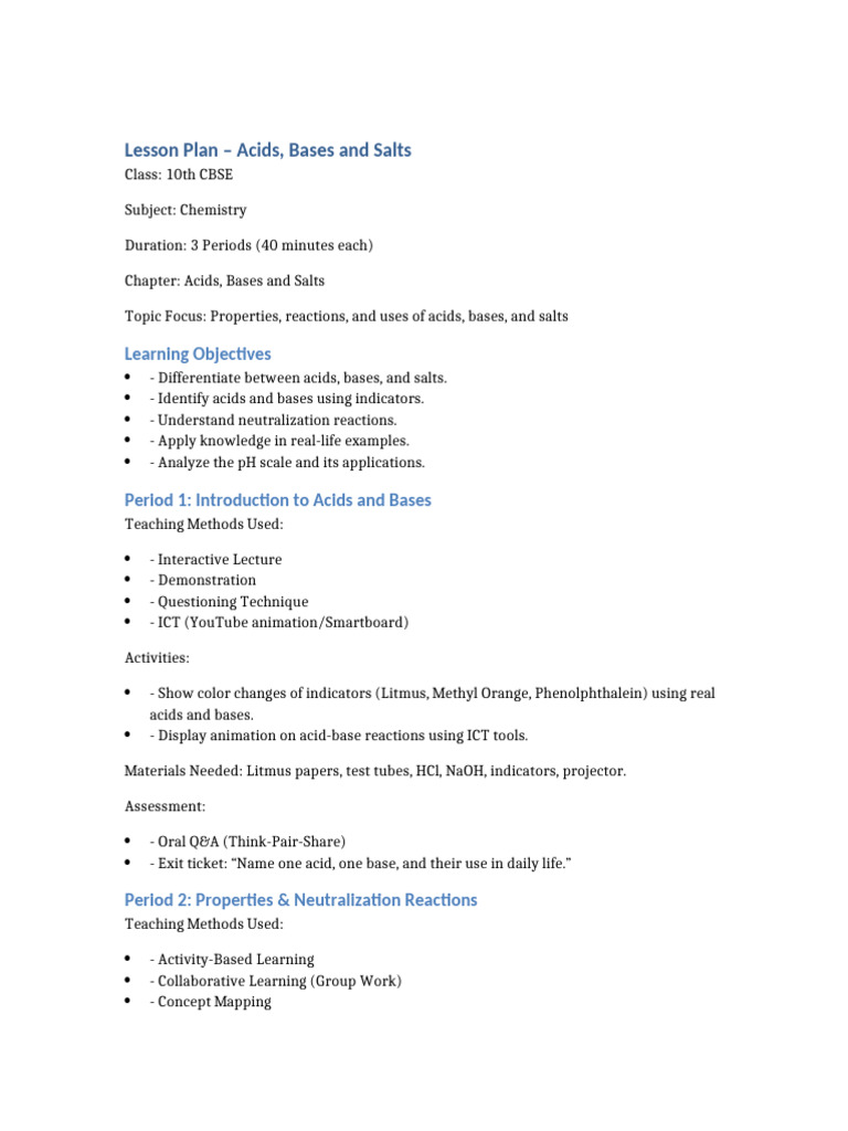 CBSE 10 Chemistry Lesson Plan | PDF | Ph | Acid