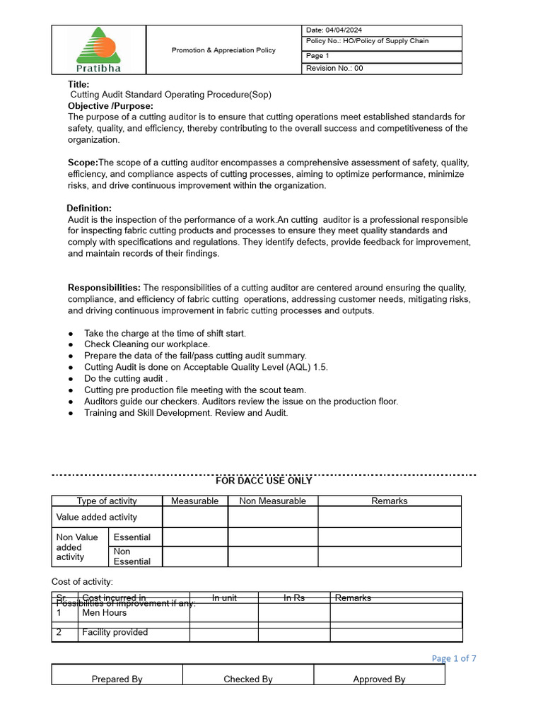 SOP-cutting Quality Audit | PDF | Audit | Safety
