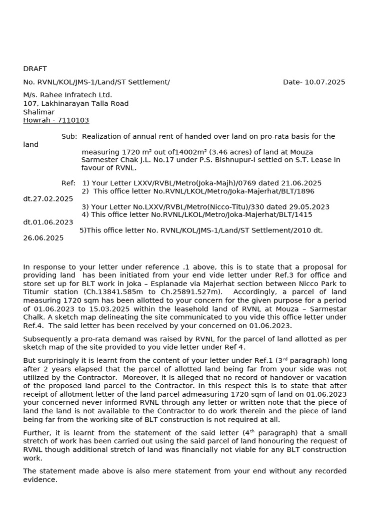 Letter To RAHEE INFRATECH in The Matter of Sarmestarchak J.L. 24.06. ...