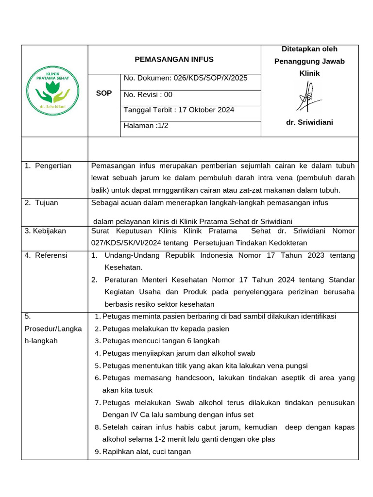 Sop Pemasangan Infus | PDF