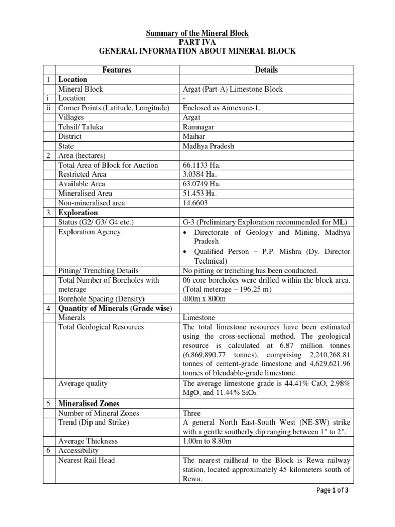 Argart (Part-A) Limestone Block, Area, 66.1133 Ha. | PDF | Plateau ...