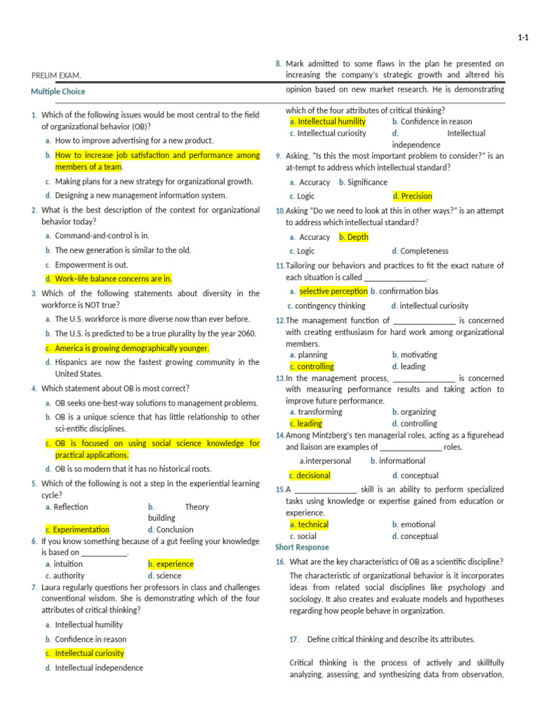 Organizational Behavior Exam Review | PDF | Critical Thinking | Knowledge