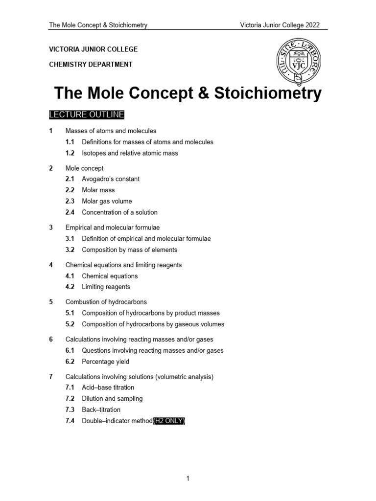 2022 The Mole Concept and Stoichiometry Lecture Notes | PDF ...