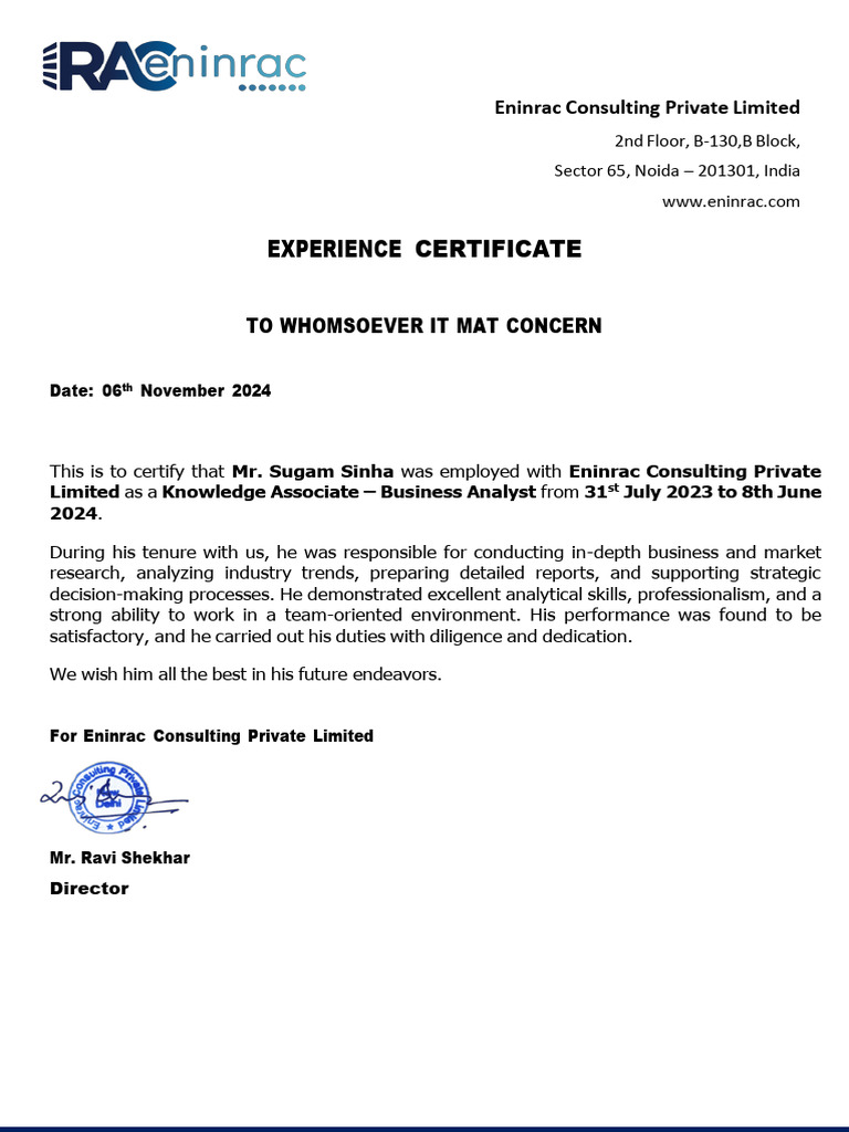 Experience Certificate - Sugam Sinha | PDF