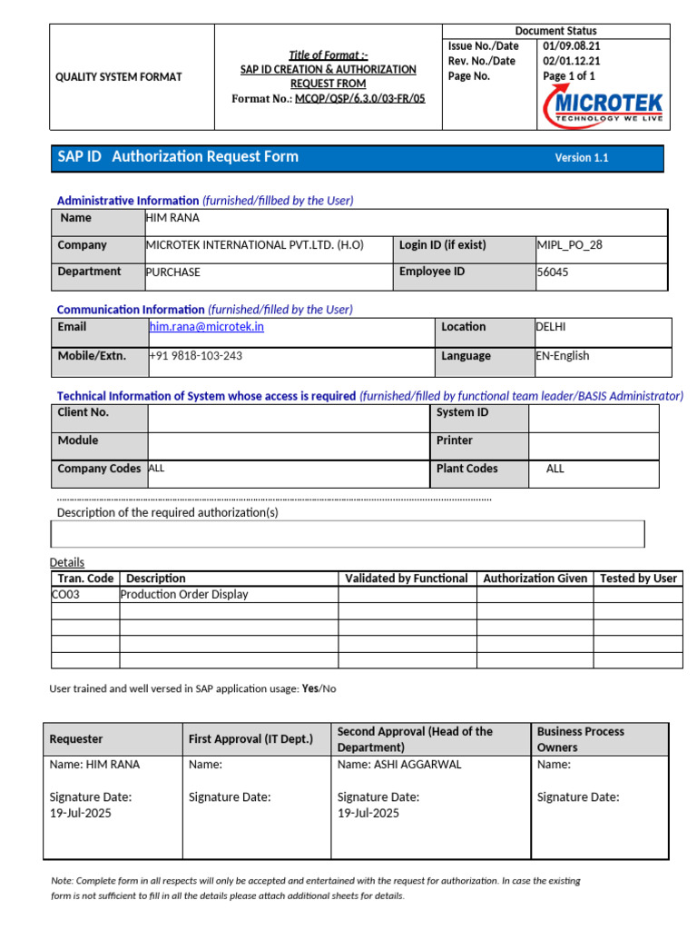 SAP ID Creation Authorization Request V1.1 Rev.02!19!07-2025 | PDF | Information Technology ...
