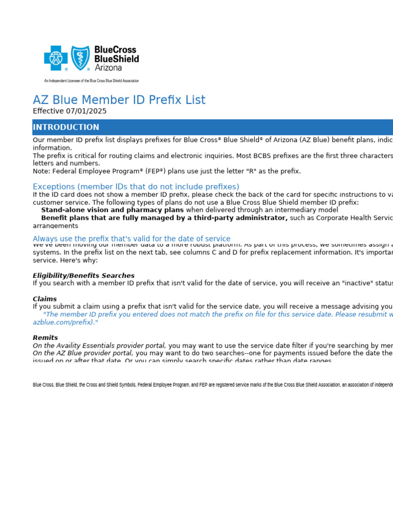 2025 Member Id Prefix List As of 7-1-25 | PDF | Blue Cross Blue Shield ...