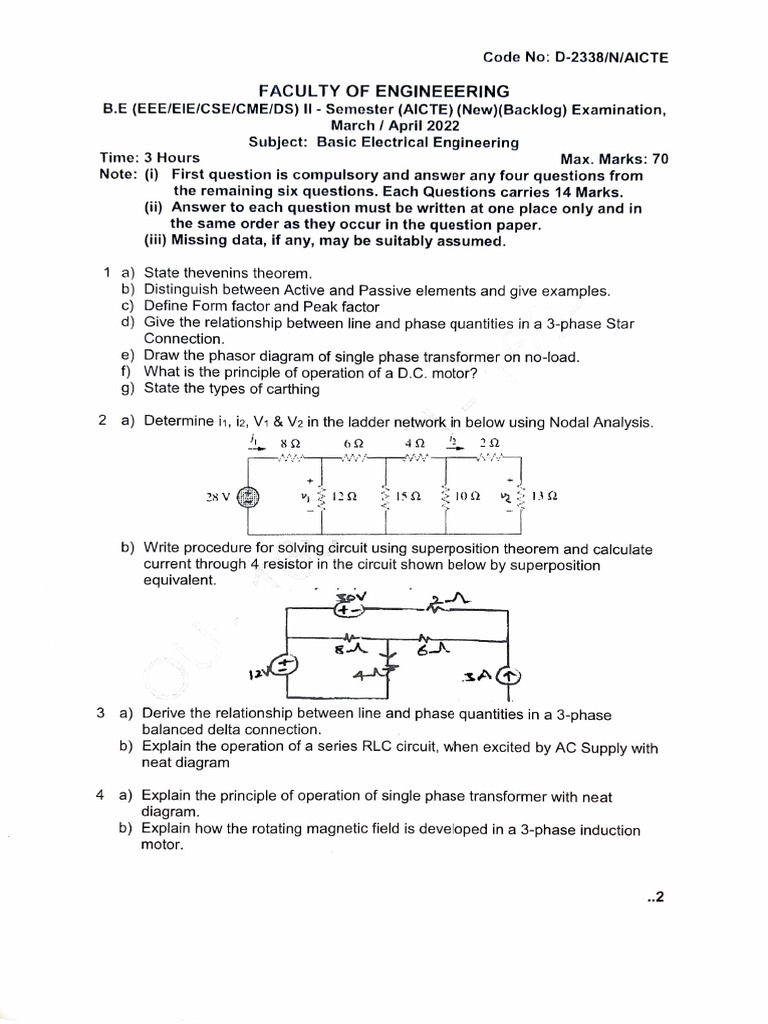 Bee Ou 2022 Paper With Solutions | PDF | Electrical Network | Electrical Engineering