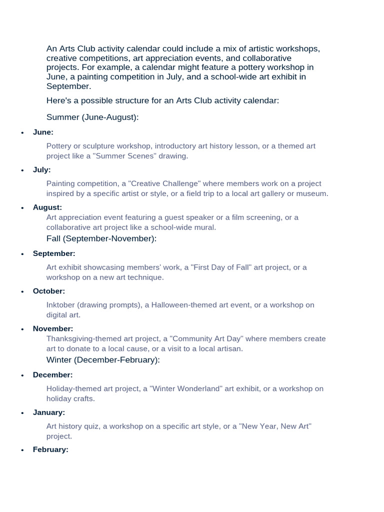 An Arts Club Activity Calendar Could Include | PDF