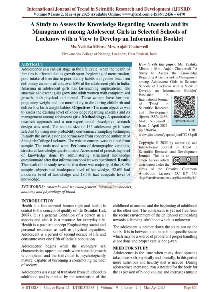 Knowledge Assessment on Anemia in Girls | PDF | Anemia | Adolescence