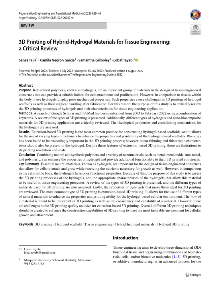 3D Printing of Hybrid Hydrogel Materials For Tissue Engineering | PDF ...